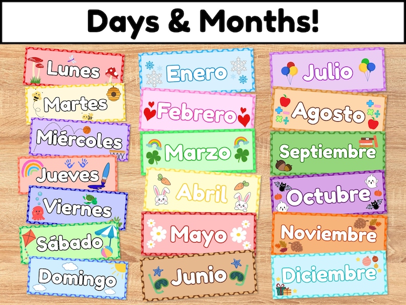 SPANISH CALENDAR KIT - Days Months Seasons Weather Set for Classroom ...