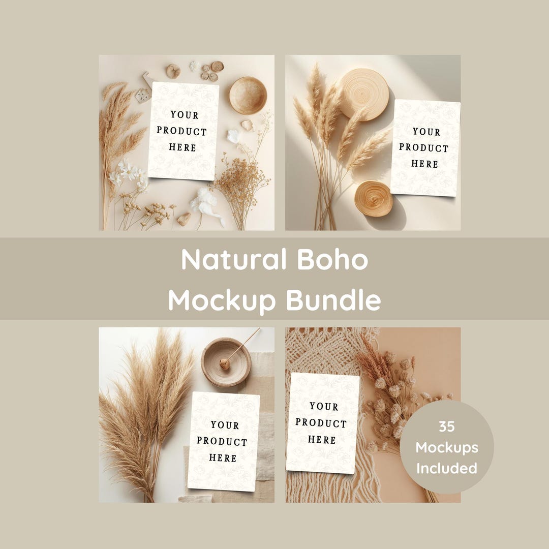 Natural Boho Mockup Bundle | 35 Neutral Flatlay Mockups | Pampas, Linen ...