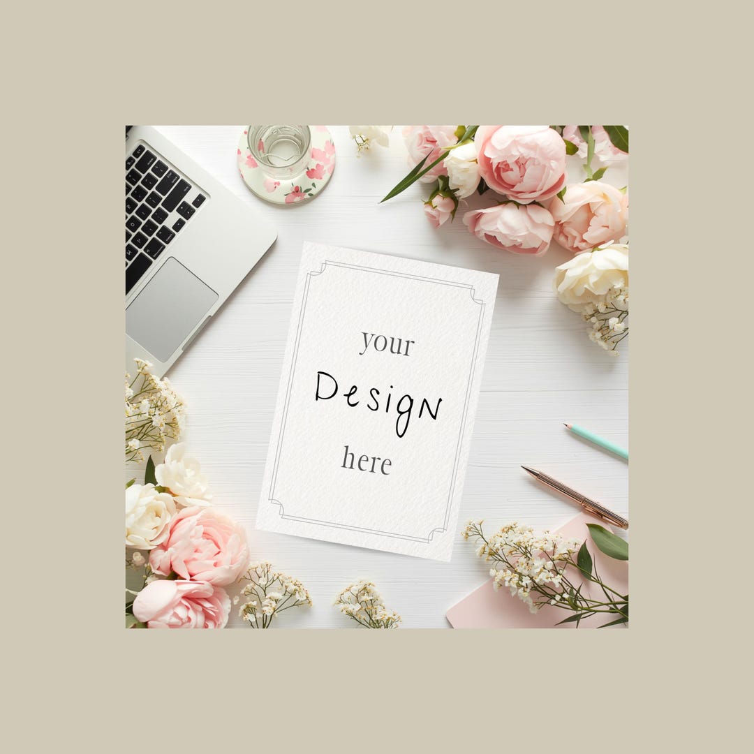 Floral Desk Mockup | White Wood Feminine Flat Lay | Pastel Pink Cute ...