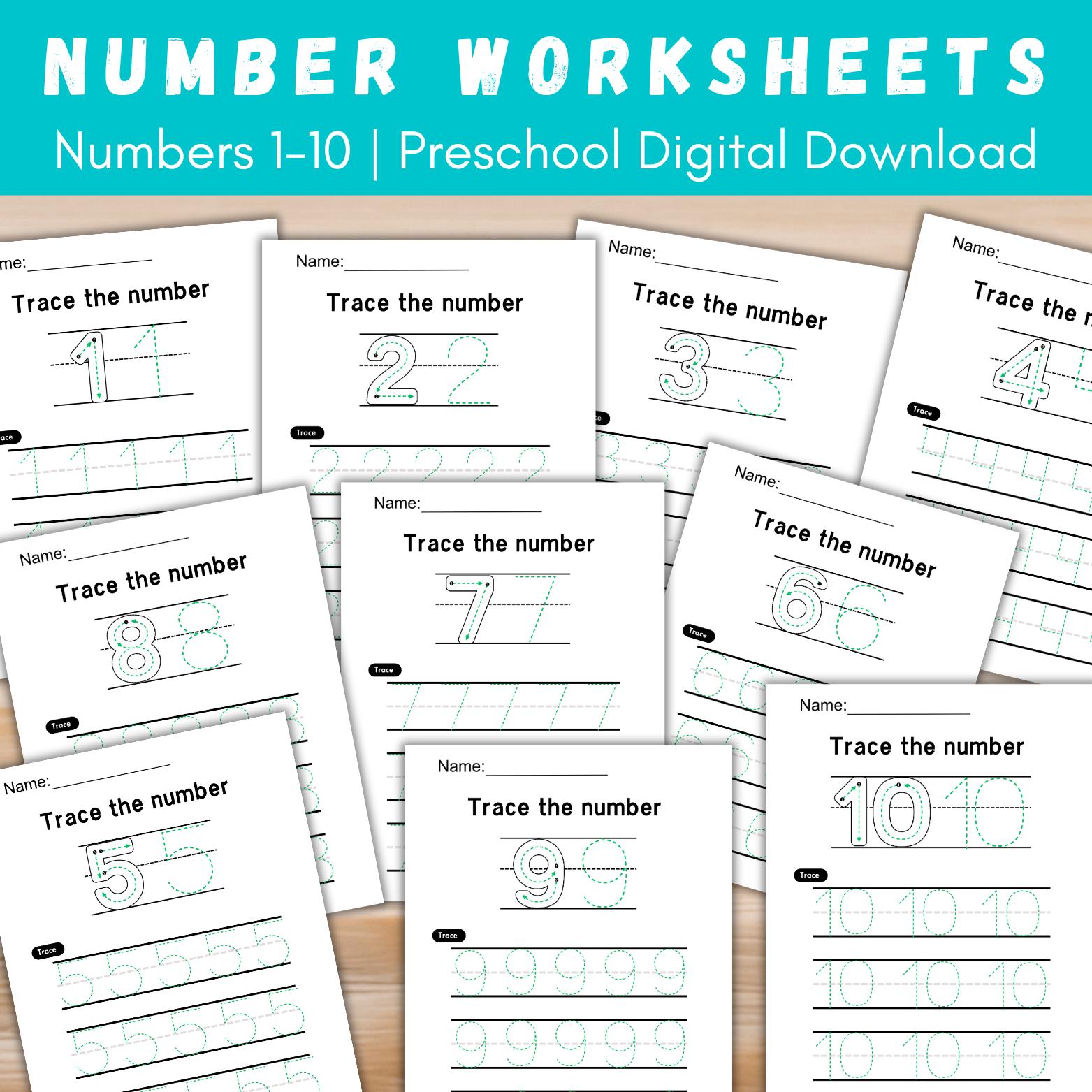 Number Tracing 1-10, Preschool Worksheets, Instant Download Pre-k ...