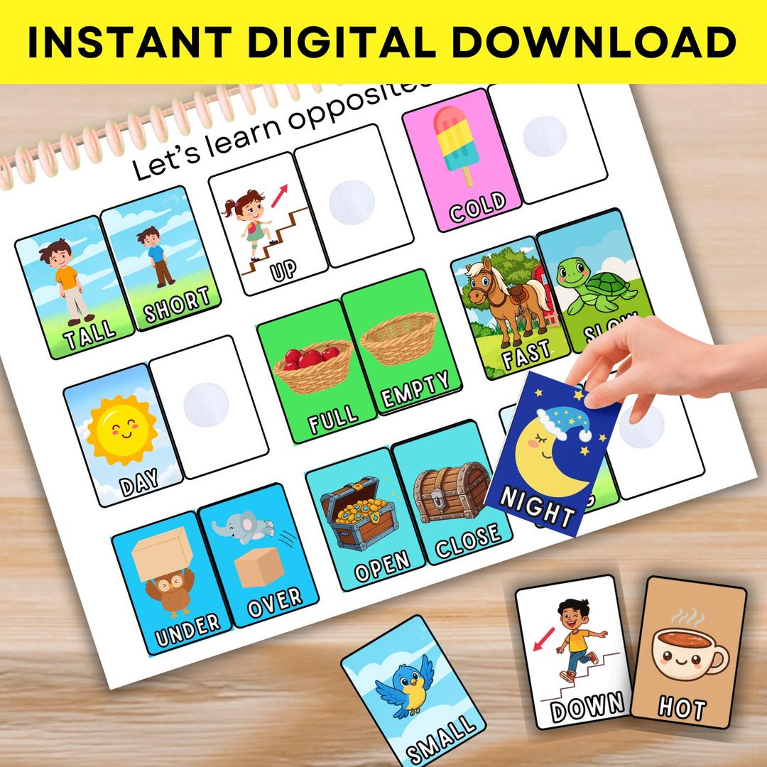 Opposites Matching Activity, Toddler Printable Busy Book, Preschool ...