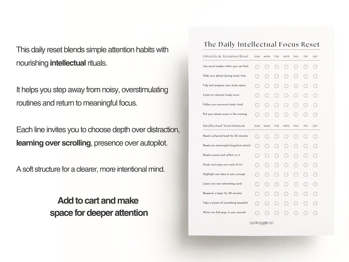 Intellectual Focus Reset Checklist • Mindful Daily Ritual Page PDF - Etsy