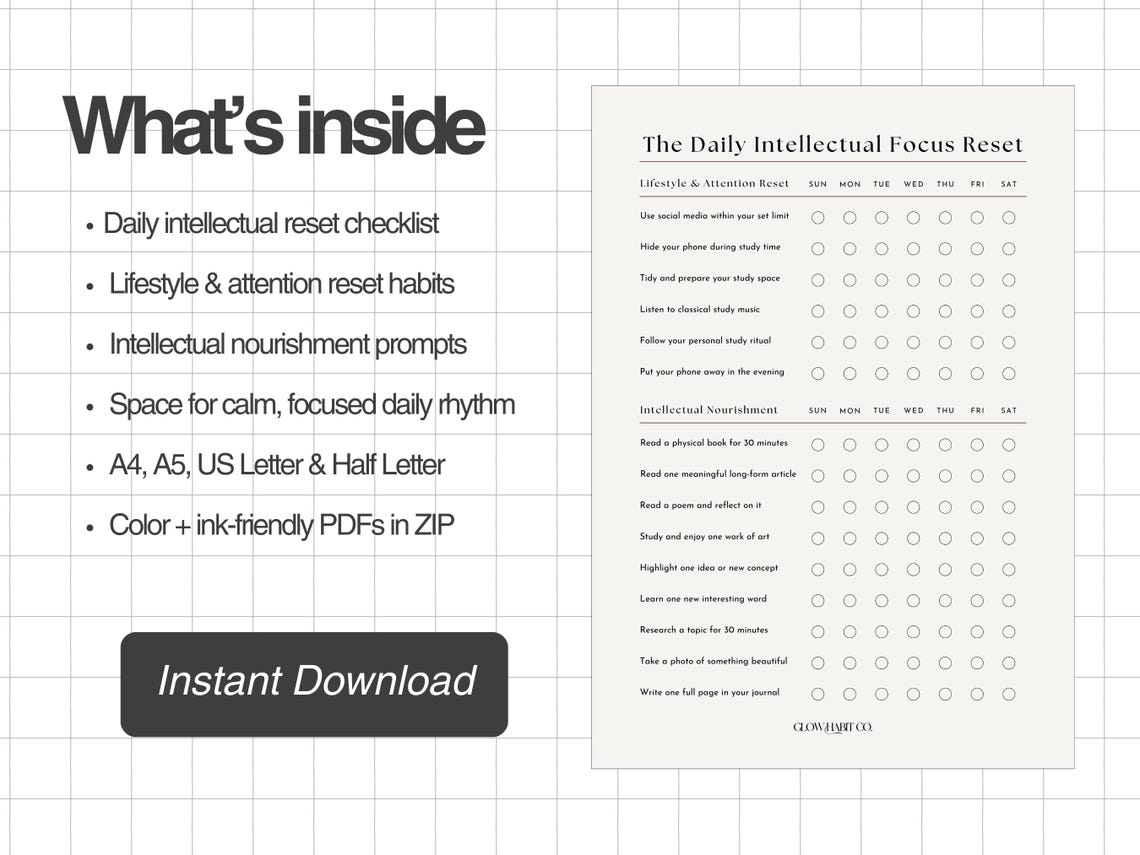 Intellectual Focus Reset Checklist • Mindful Daily Ritual Page PDF - Etsy