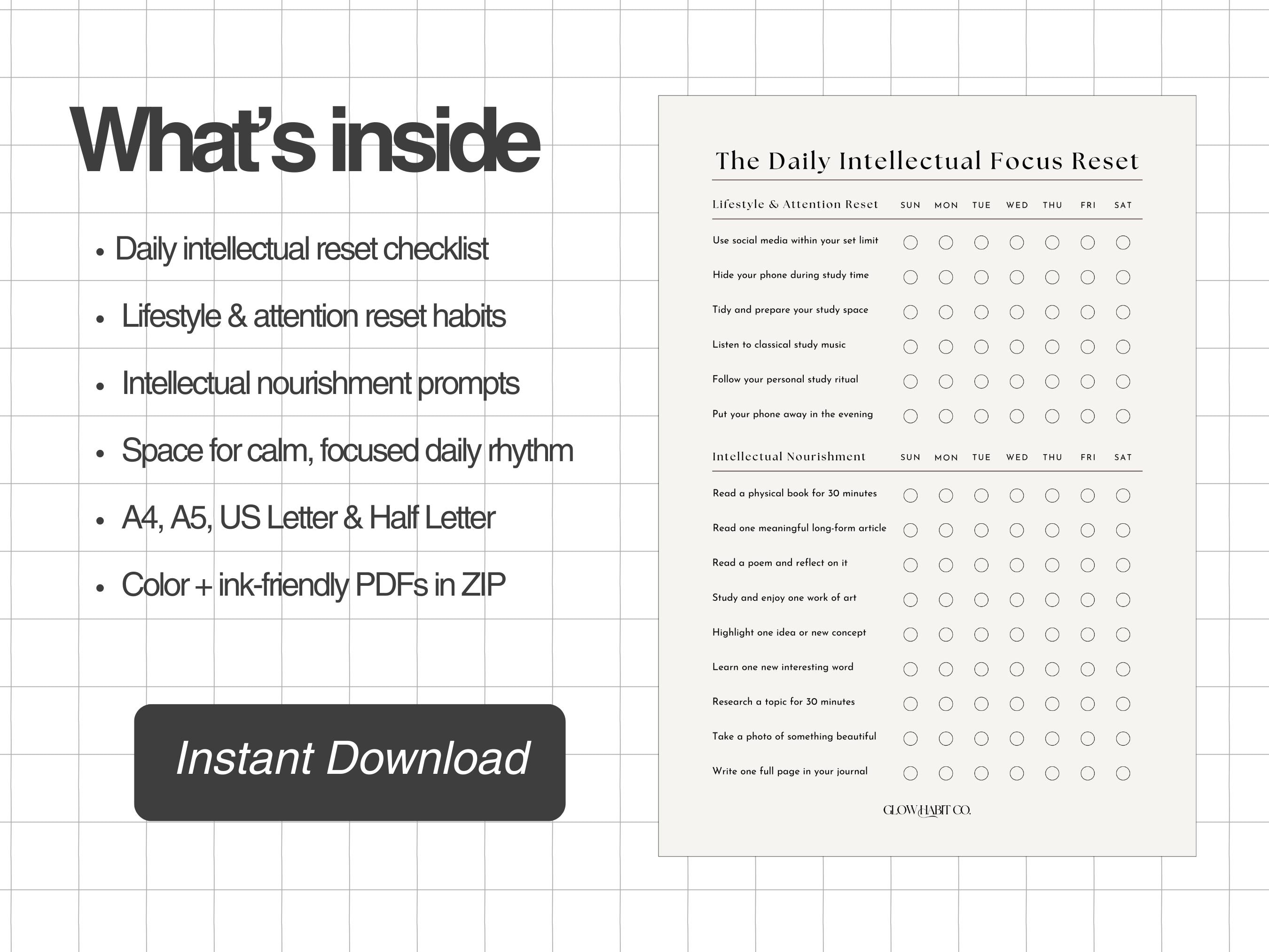 Intellectual Focus Reset Checklist • Mindful Daily Ritual Page PDF - Etsy