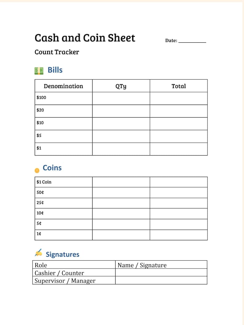 Printable Cash Count Sheet Template: Daily Tracking Log (digital ...