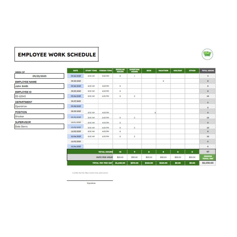 Employee Time Sheet Bi Weekly Card Easy Editable Printable Staff Hours ...