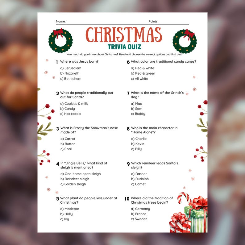 Christmas Trivia Game Printable Holiday Party Quiz for Kids Adults ...