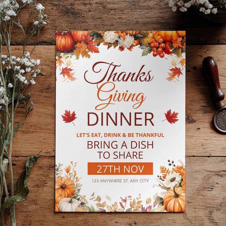 Thanksgiving Invite Dinner Invitation, Editable Potluck Party ...