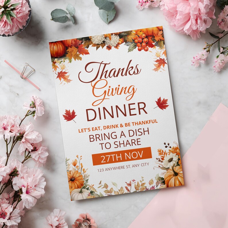 Thanksgiving Invite Dinner Invitation, Editable Potluck Party ...