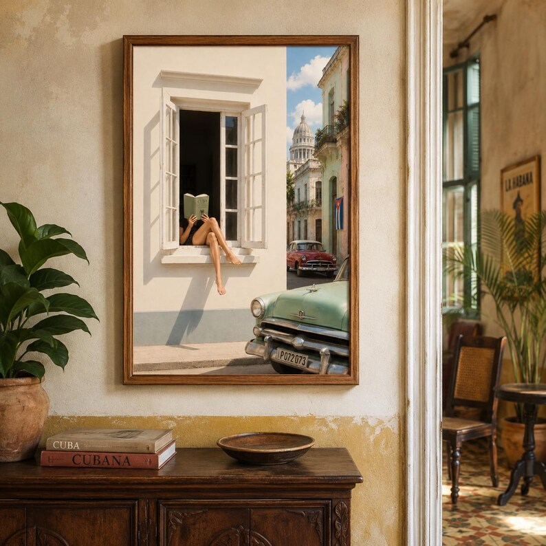 Vintage Cuba Window Scene Print | Woman Reading, Book Lover Wall Art - Etsy