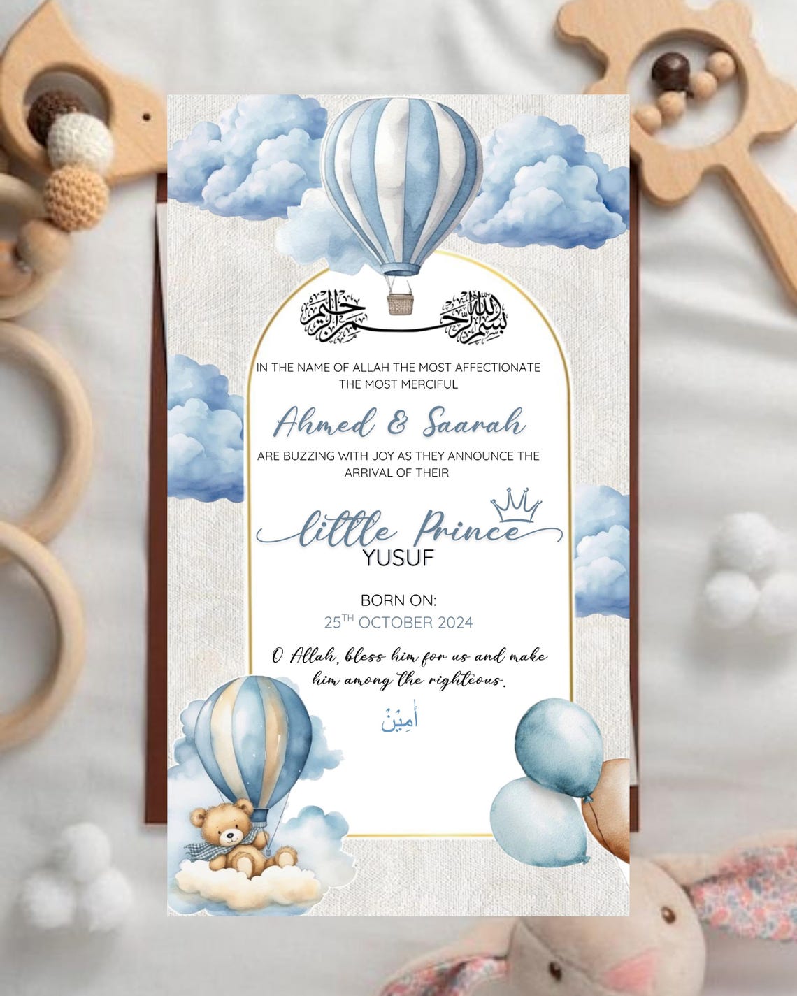 Blue Hot Air Balloon Birth Announcement | Teddy & Clouds Theme ...
