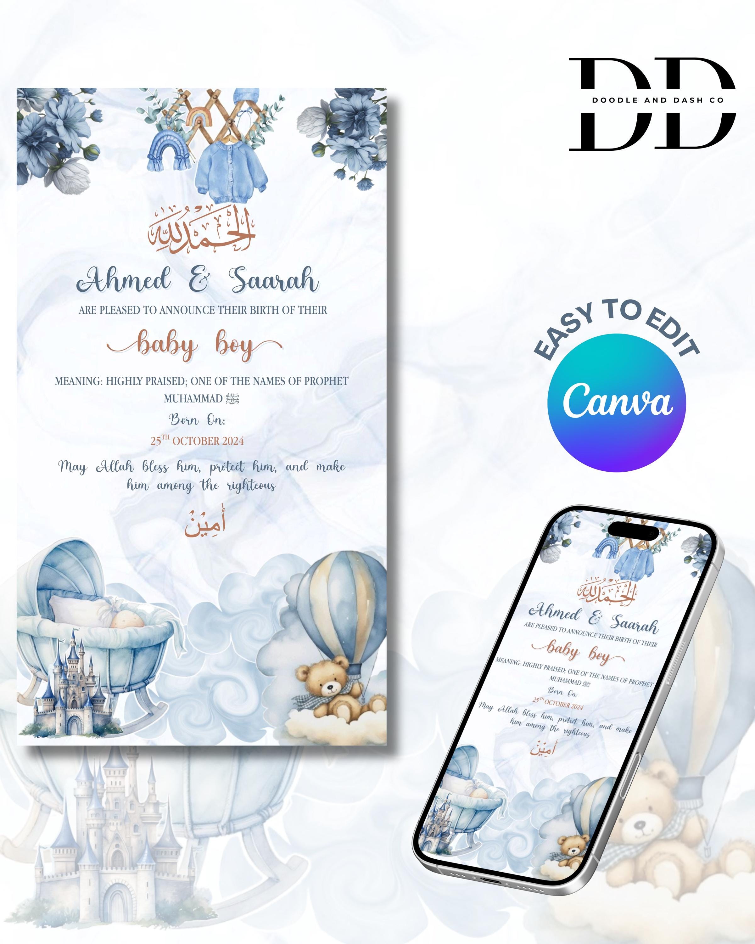 Islamic Birth Announcement Boy • Newborn Reveal • Editable Canva ...