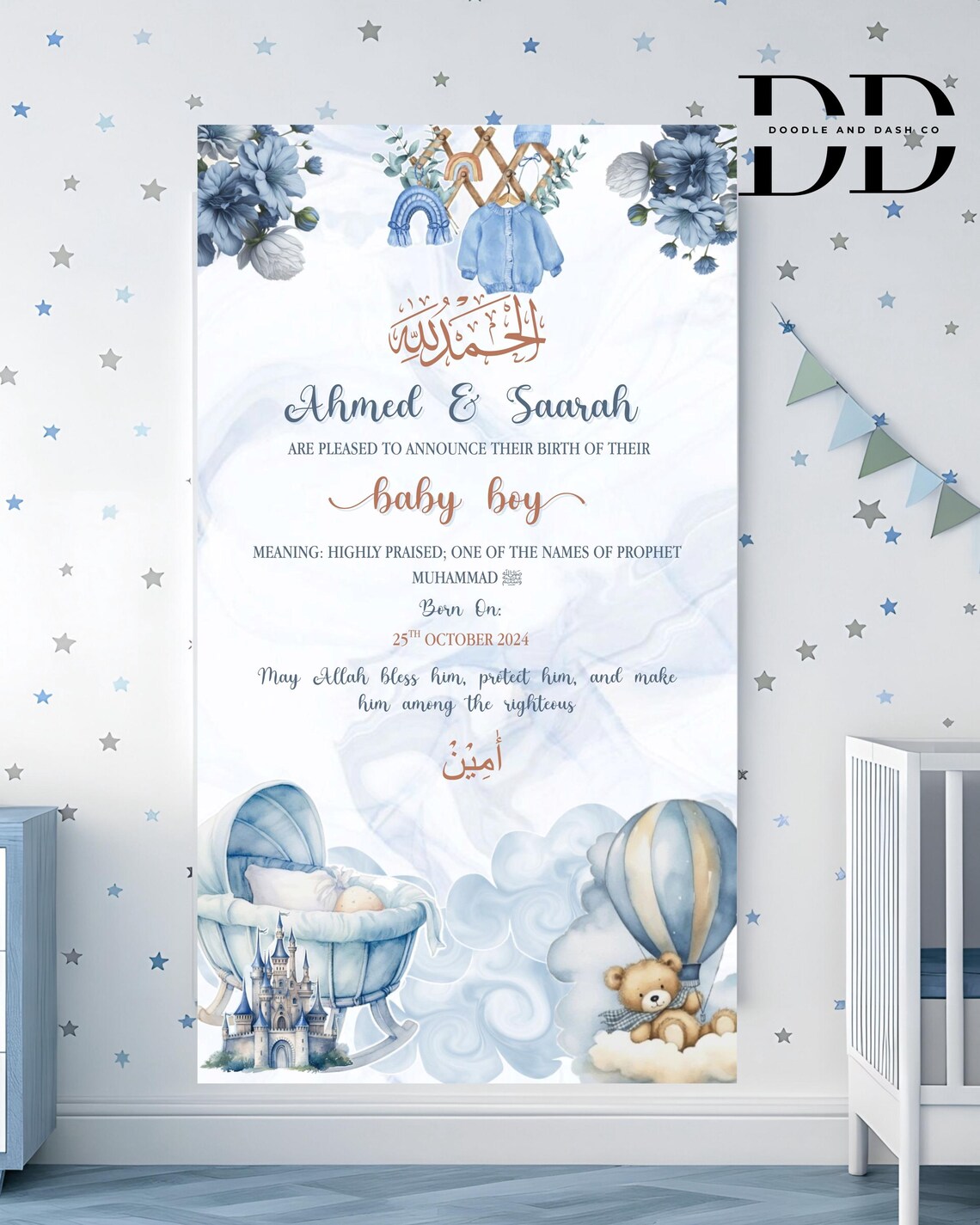 Islamic Birth Announcement Boy • Newborn Reveal • Editable Canva ...