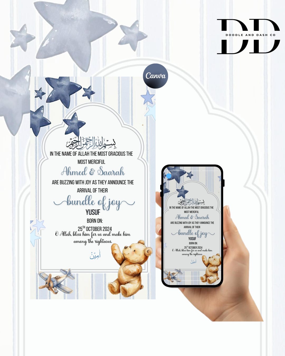 Teddy & Stars Islamic Boy Birth Announcement • Editable Mobile Video ...