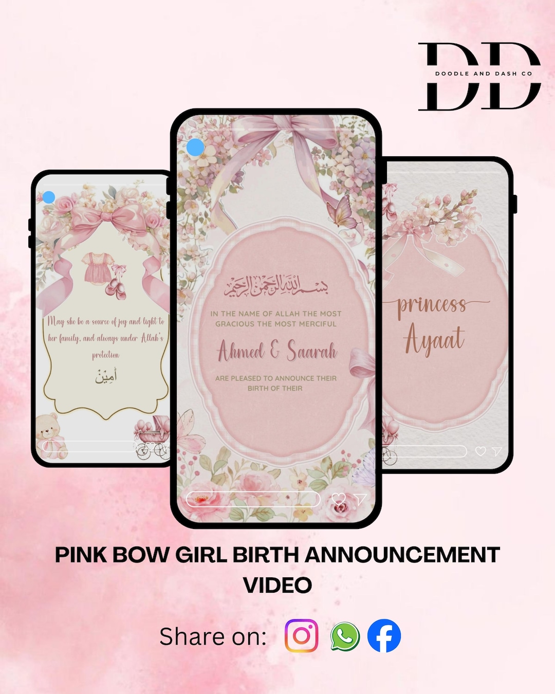 Pink Bow Baby Birth Announcement Video Template | Editable Canva ...
