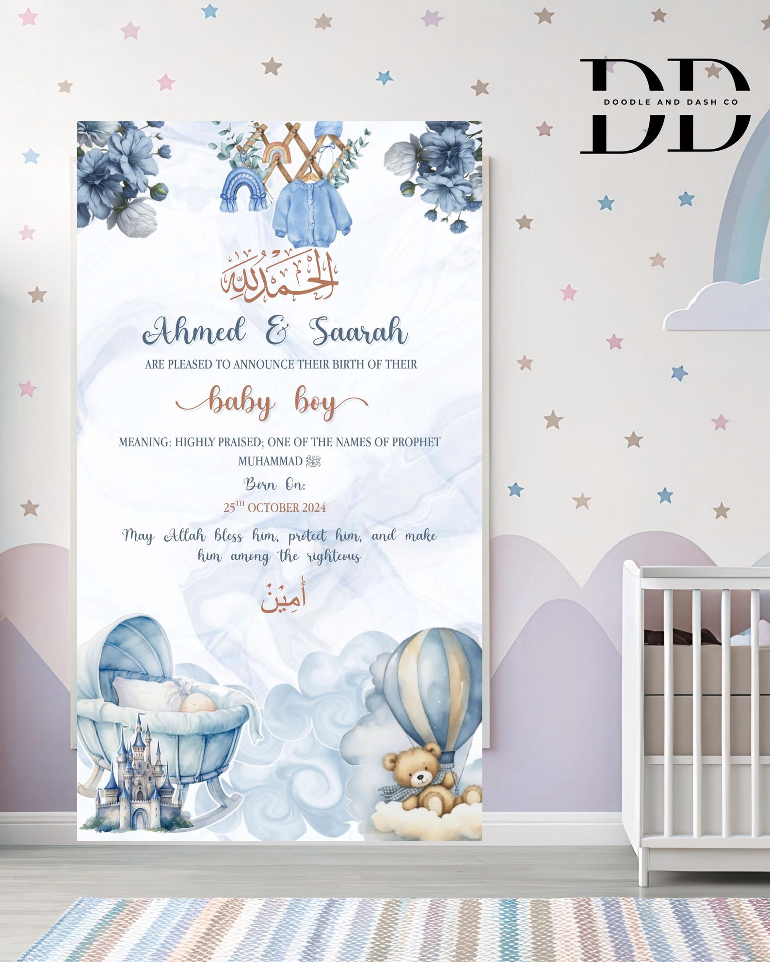 Islamic Birth Announcement Boy • Newborn Reveal • Editable Canva ...