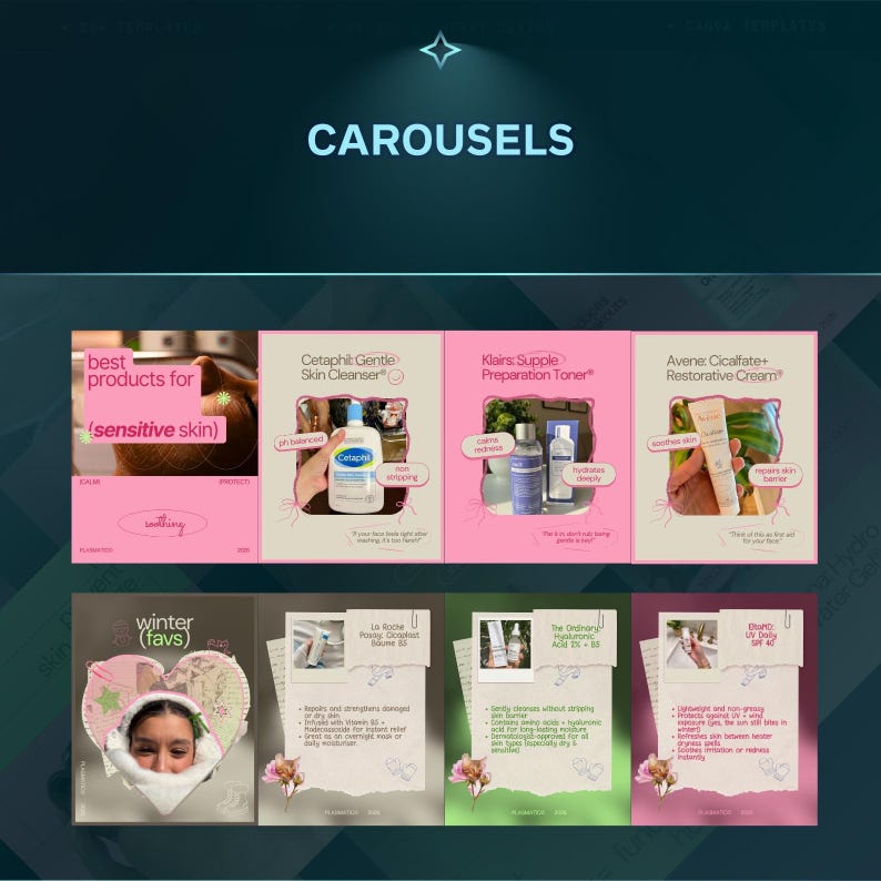Skincare Instagram Carousel Templates and Captions Editable Canva Posts ...