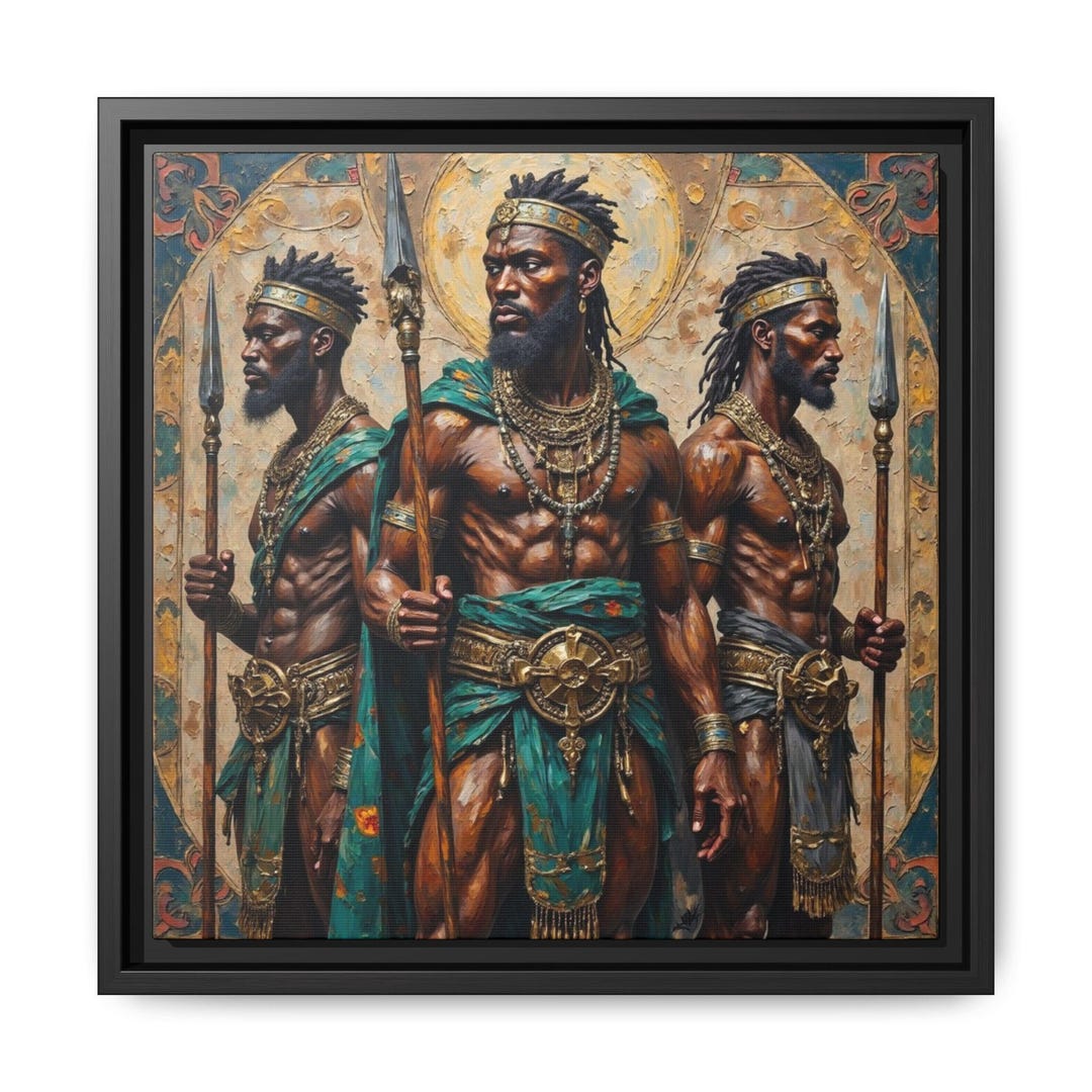 African Warrior Triptych Matte Canvas Framed | Regal Tribal Men Wall ...