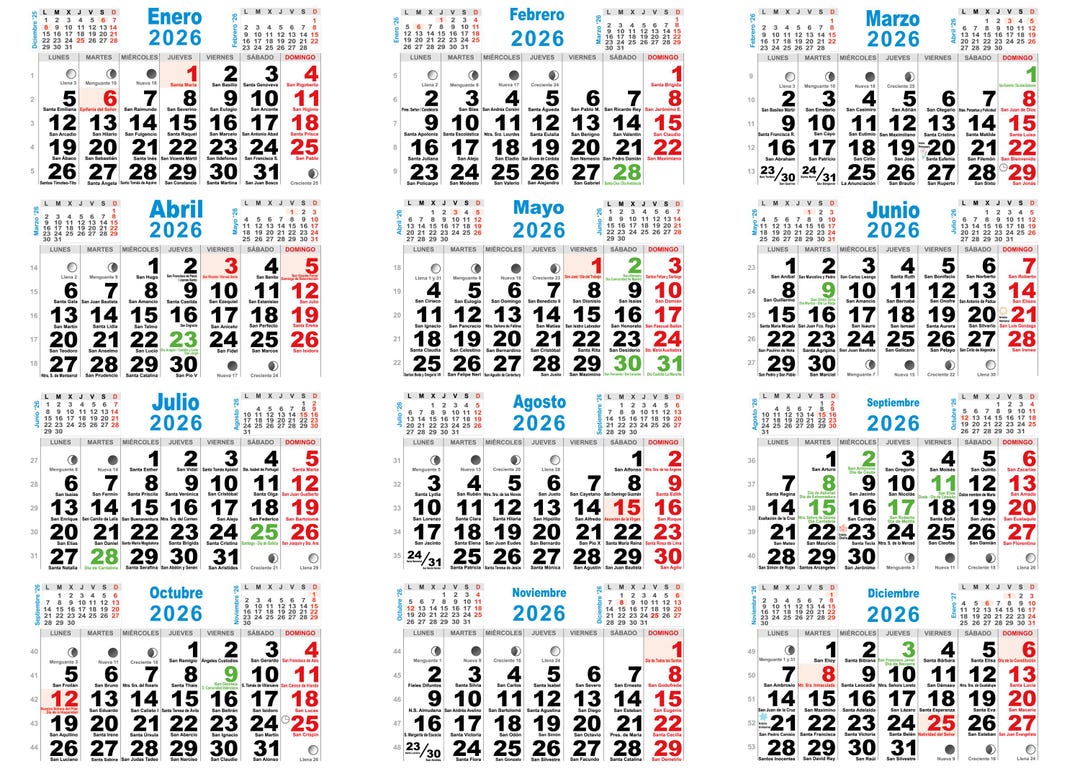 Calendario 2026 santos, festivos nacionales y autonómicos, inicio ...