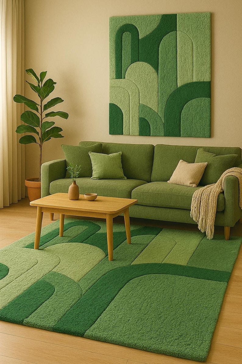 Green Abstract Wool Rug | Hand-tufted Arch Pattern Carpet - Etsy
