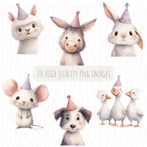 Watercolor Farm Birthday Clipart, Cute Animal Pngs for Kids Party ...