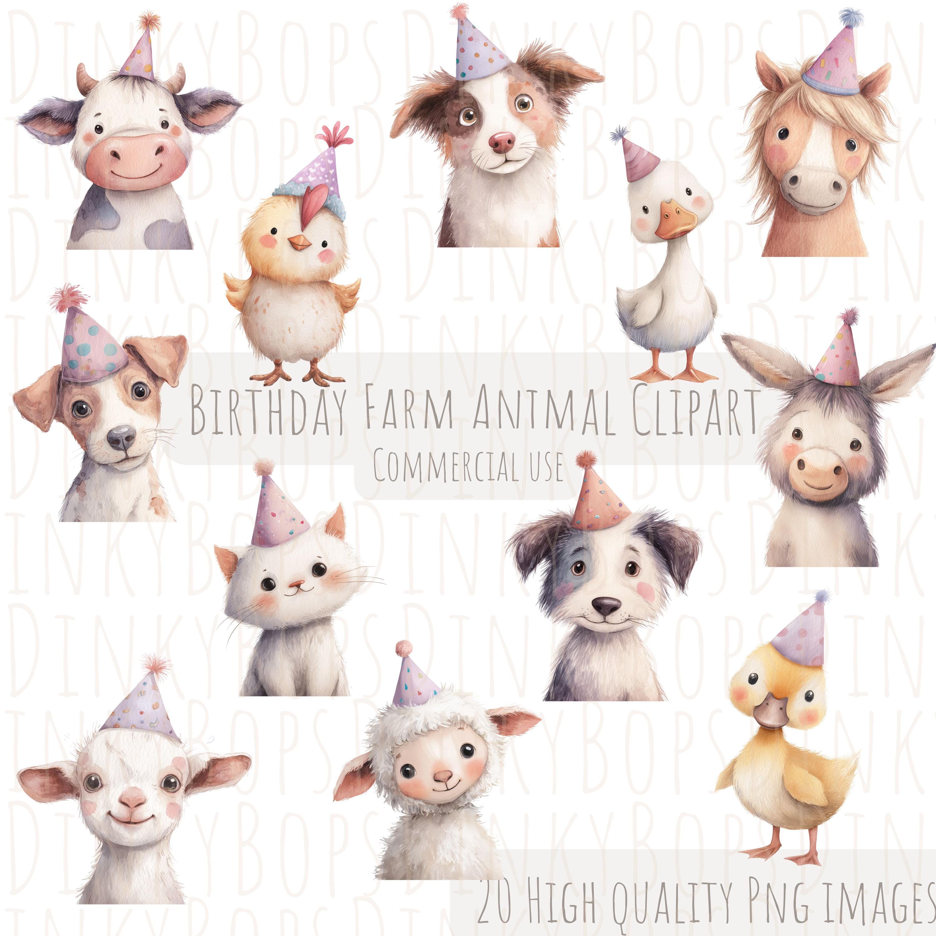 Watercolor Farm Birthday Clipart, Cute Animal Pngs for Kids Party ...