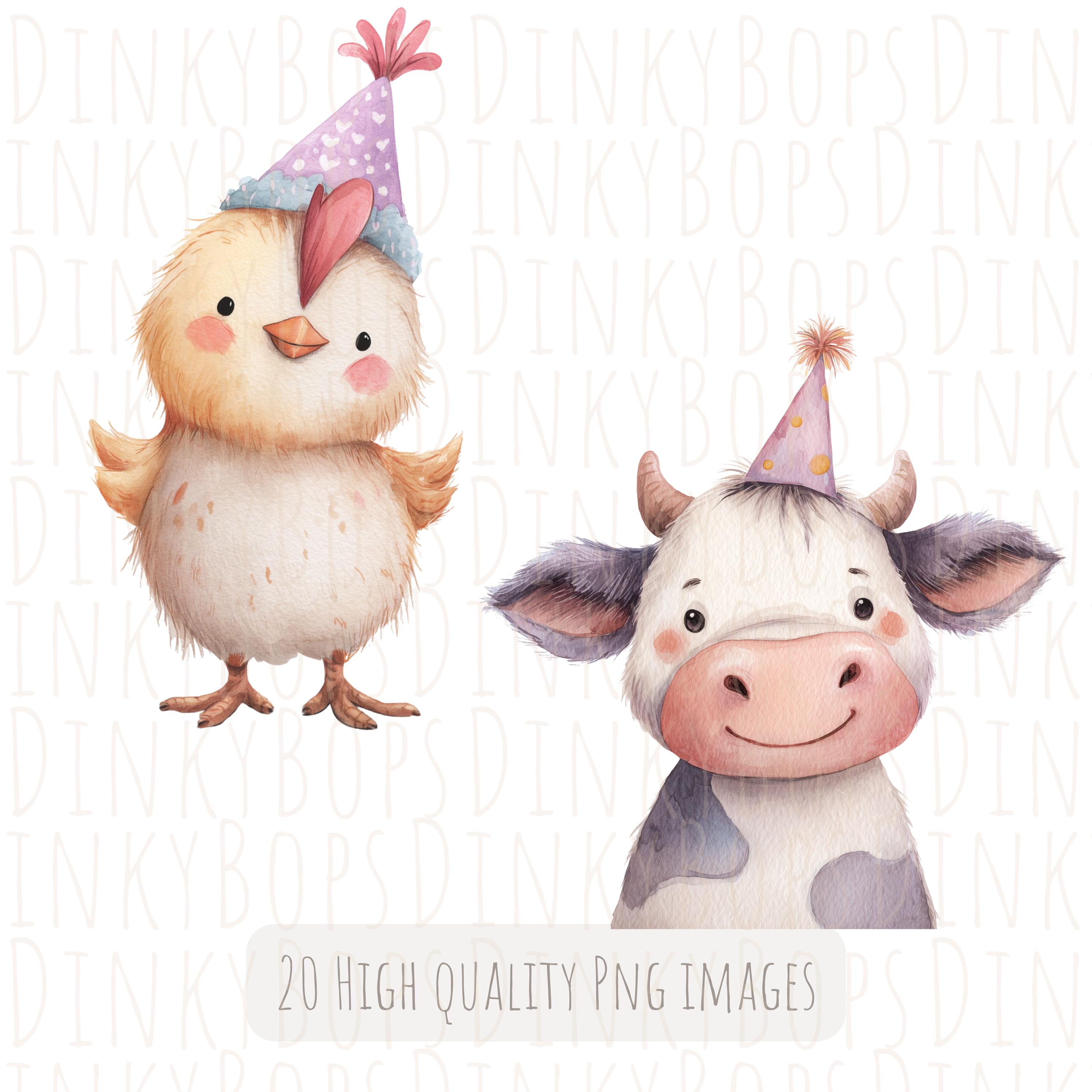Watercolor Farm Birthday Clipart, Cute Animal Pngs for Kids Party ...