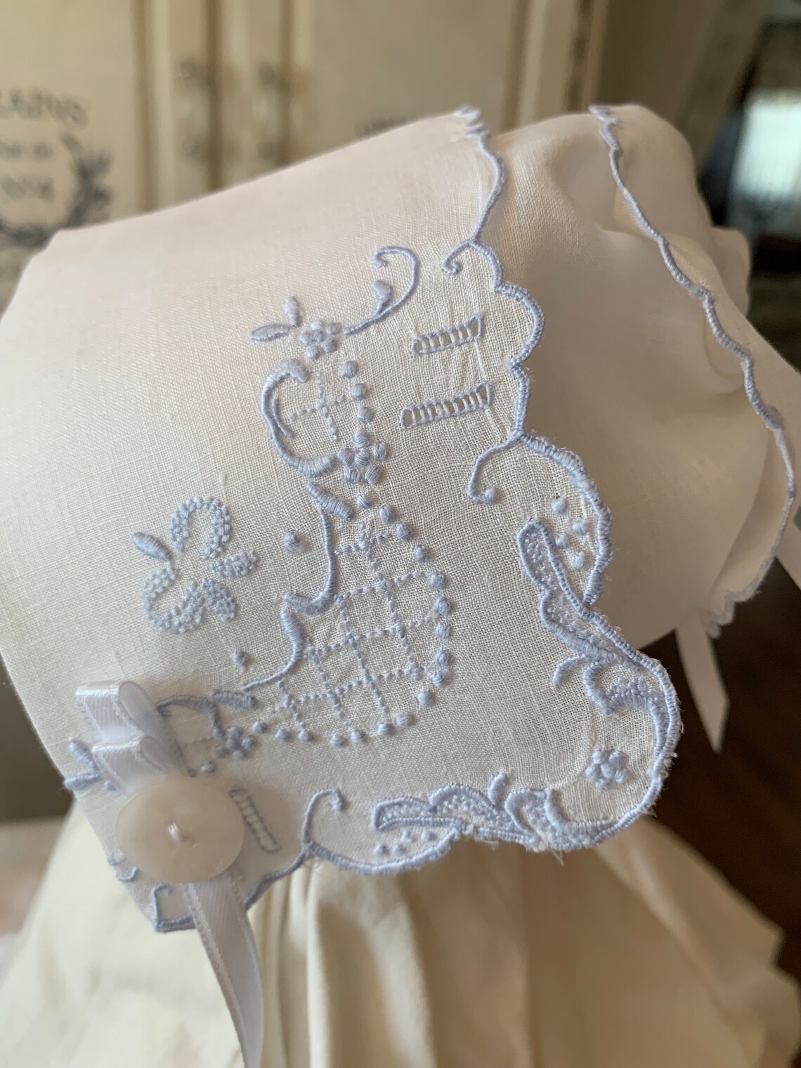 White Bonnet Embroidered in Blue - Etsy