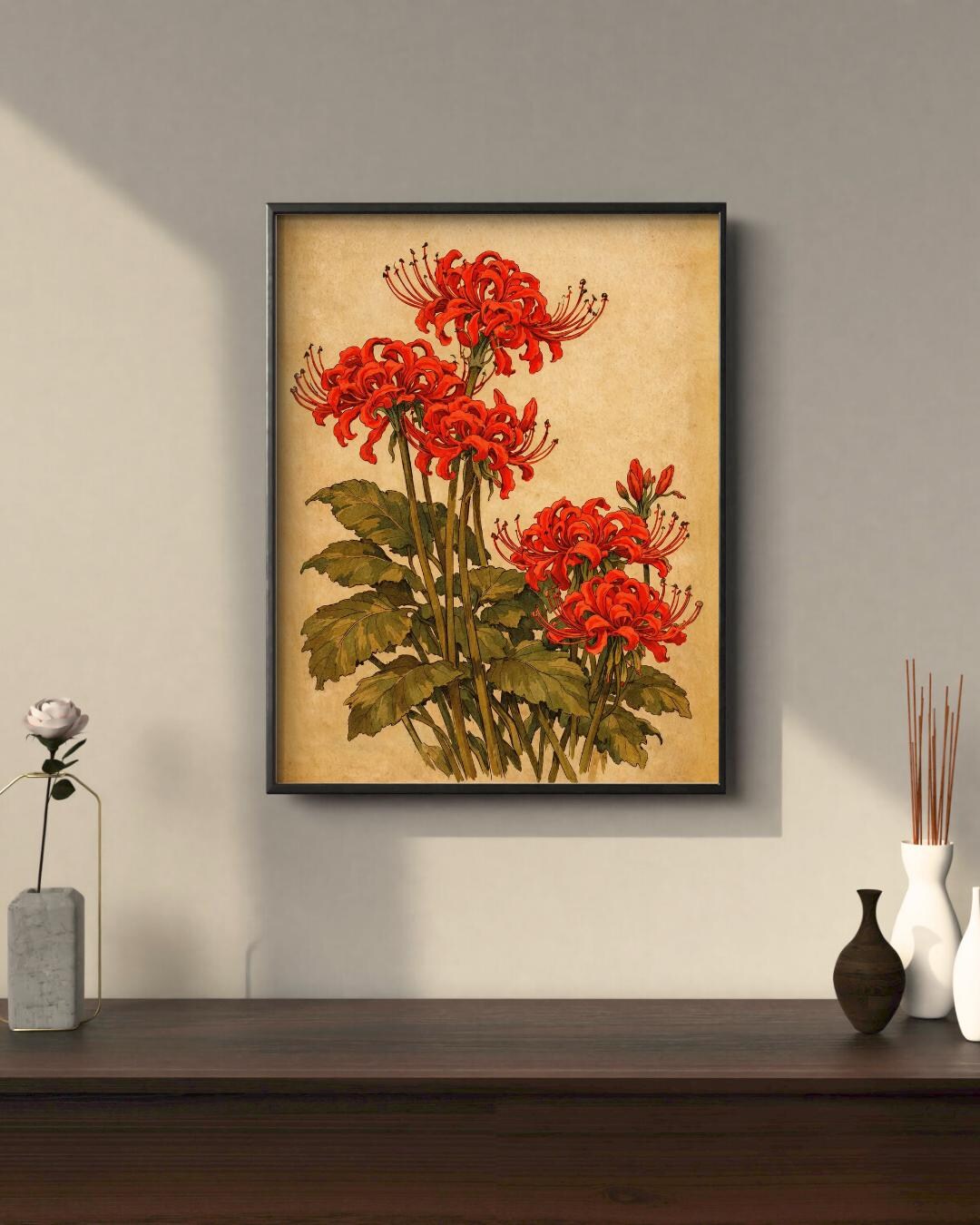 Red Spider Lily Japanese Botanical Wall Art Print - Etsy