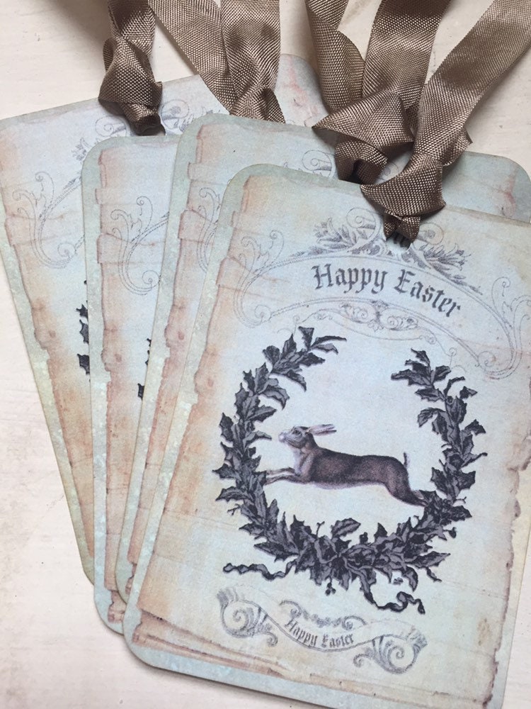 EASTER Vintage Gift Tags RABBIT Grain Sack Laurel Wreath French ...