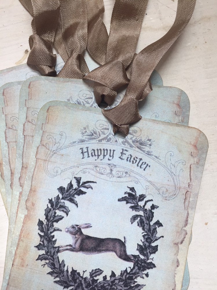 EASTER Vintage Gift Tags RABBIT Grain Sack Laurel Wreath | Etsy