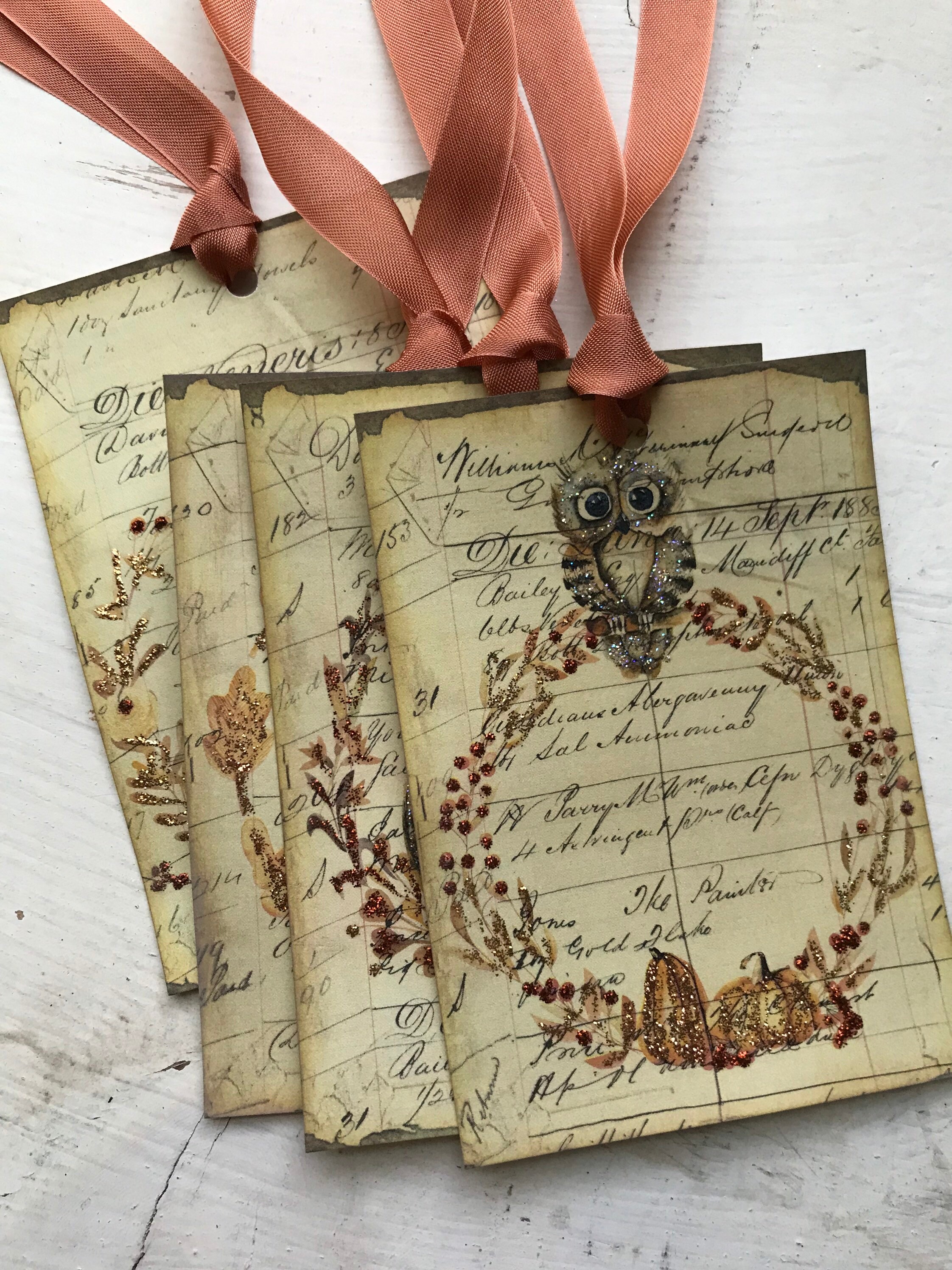 Owl Pumpkin Fall Gift Tags, Vintage Style, Set of 4 - Etsy