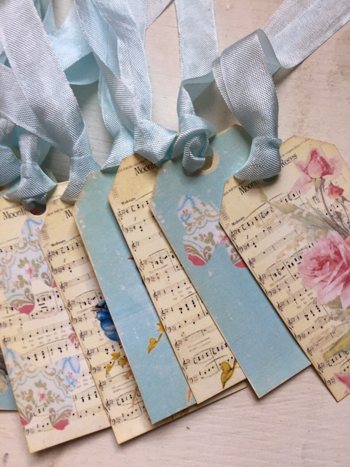 French Country Gift Tags: Floral Bluebird Music Sheet Tags, Set of 10 ...