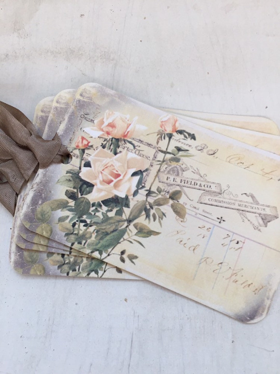 Peach Roses Gift Tags: Vintage French Receipt, Shabby Chic Decor (set ...