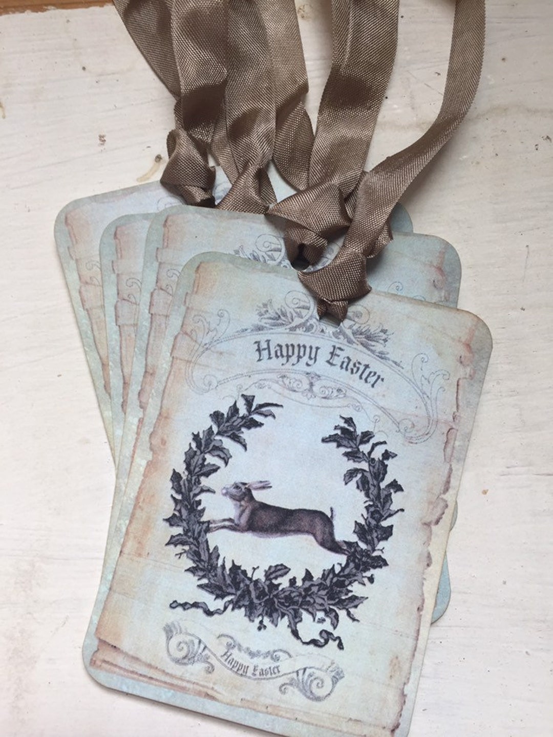 EASTER Vintage Gift Tags RABBIT Grain Sack Laurel Wreath French ...