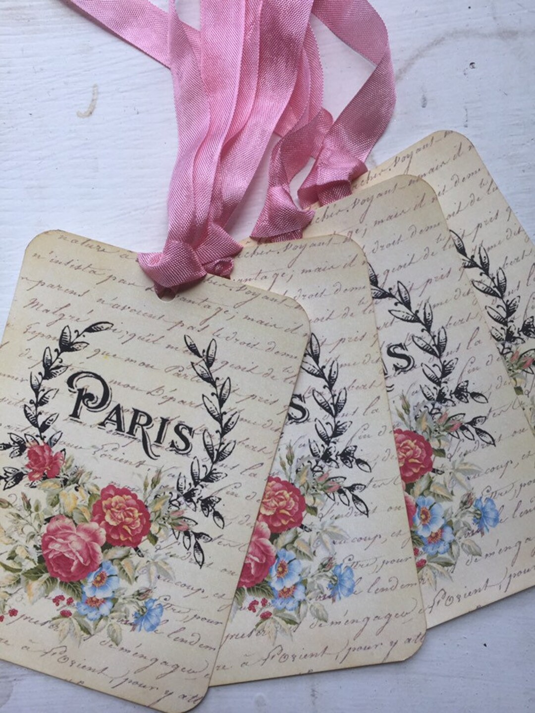 French Script Paris Gift Tags, Floral Embellishments (set of 4) - Etsy