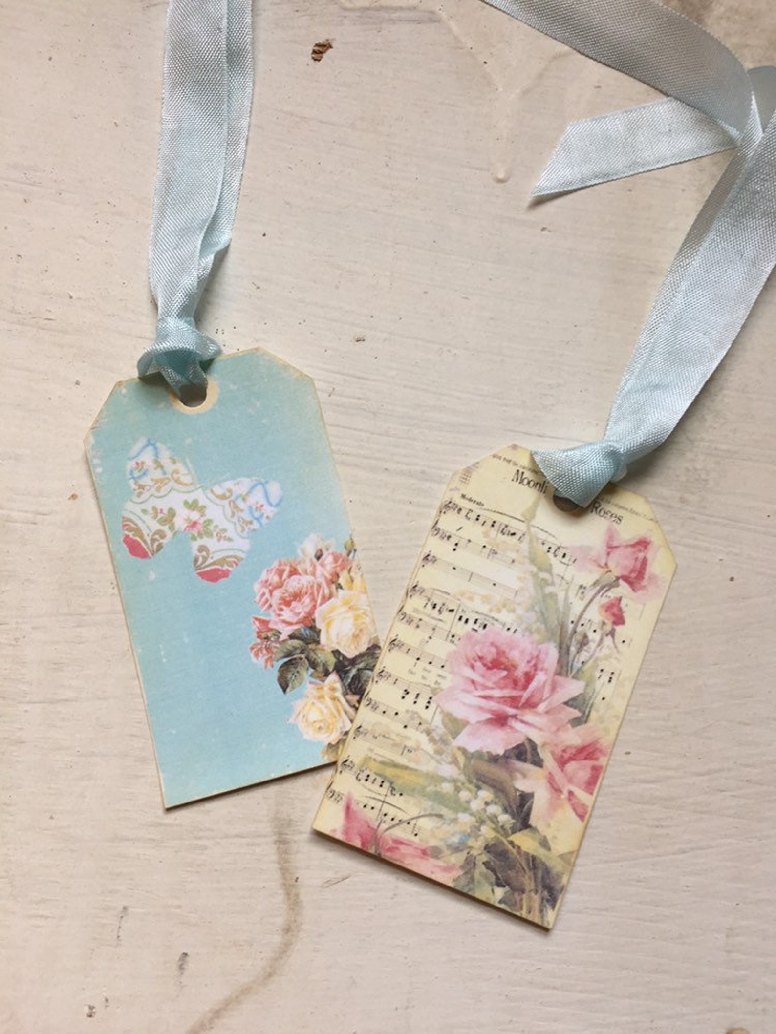 French Country Gift Tags: Floral Bluebird Music Sheet Tags, Set of 10 ...