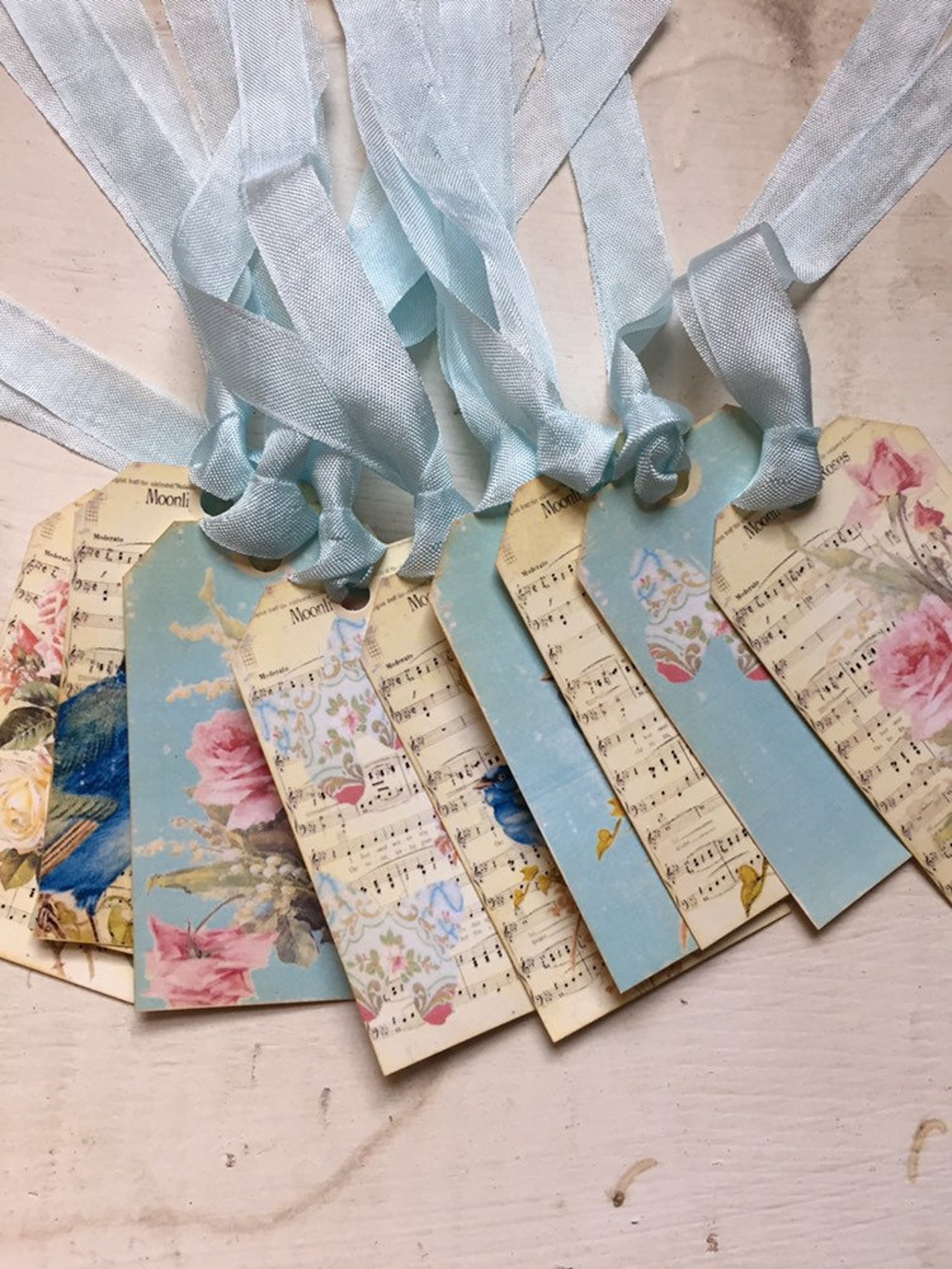 French Country Gift Tags: Floral Bluebird Music Sheet Tags, Set of 10 ...