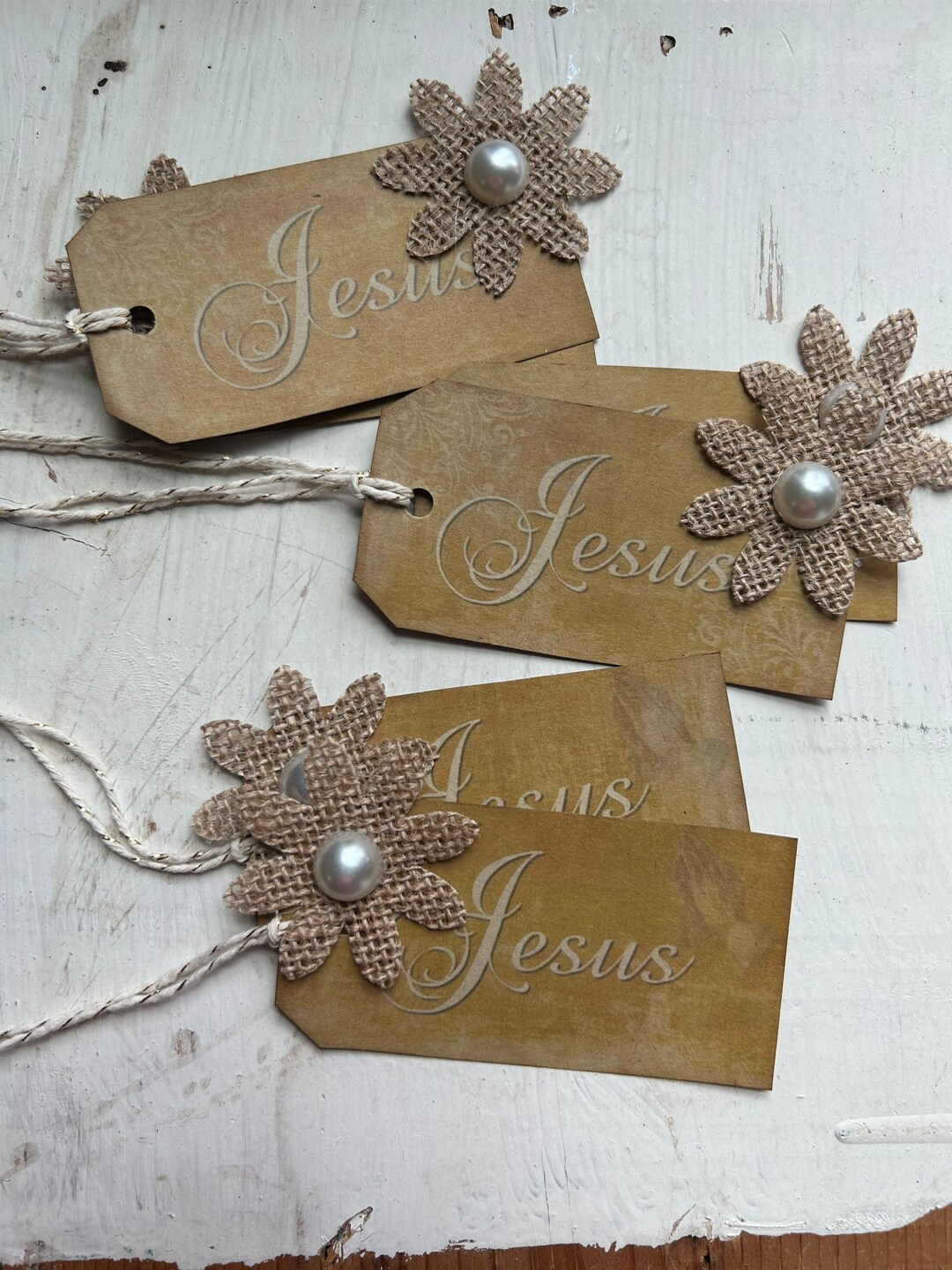 Jesus Gift Tags: Burlap Flower & Pearl, Set of 6 - Etsy