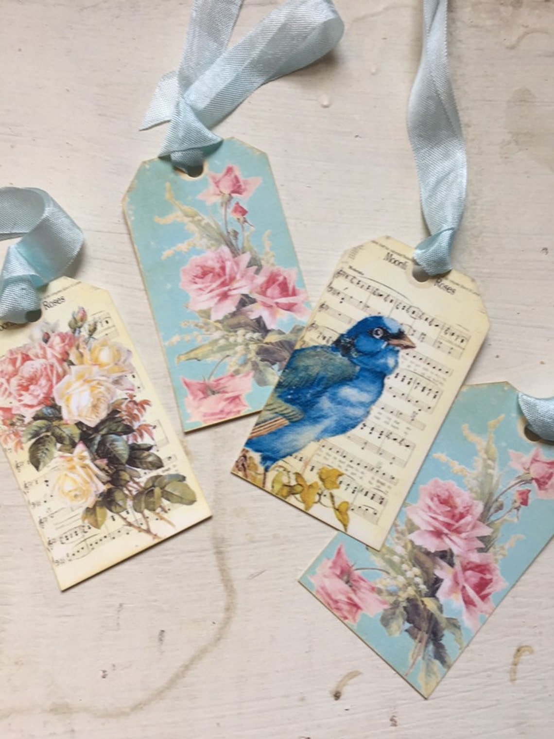 French Country Gift Tags: Floral Bluebird Music Sheet Tags, Set of 10 ...