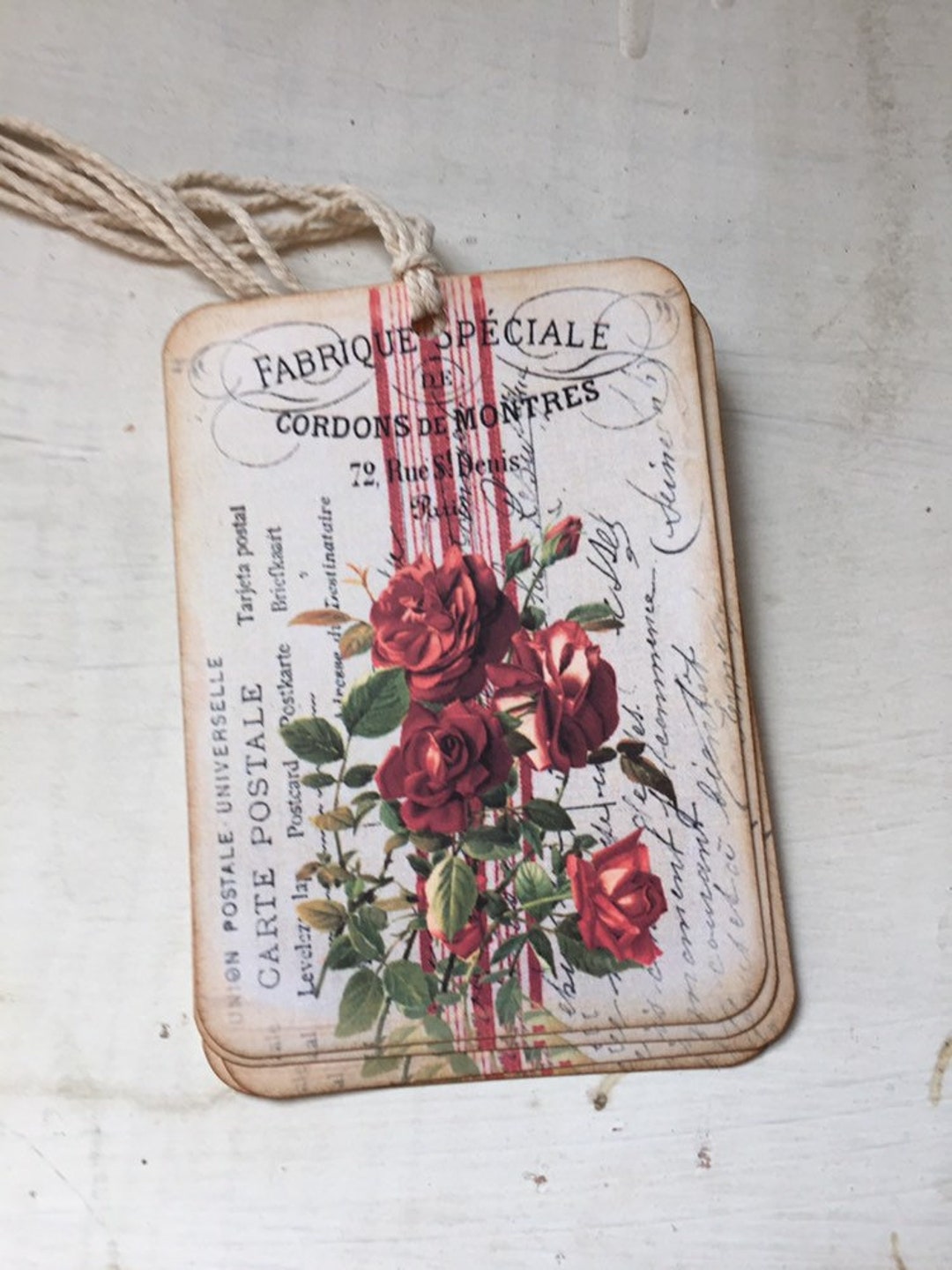French Country Gift Tags: Red Roses, French Script, Set of 4 - Etsy