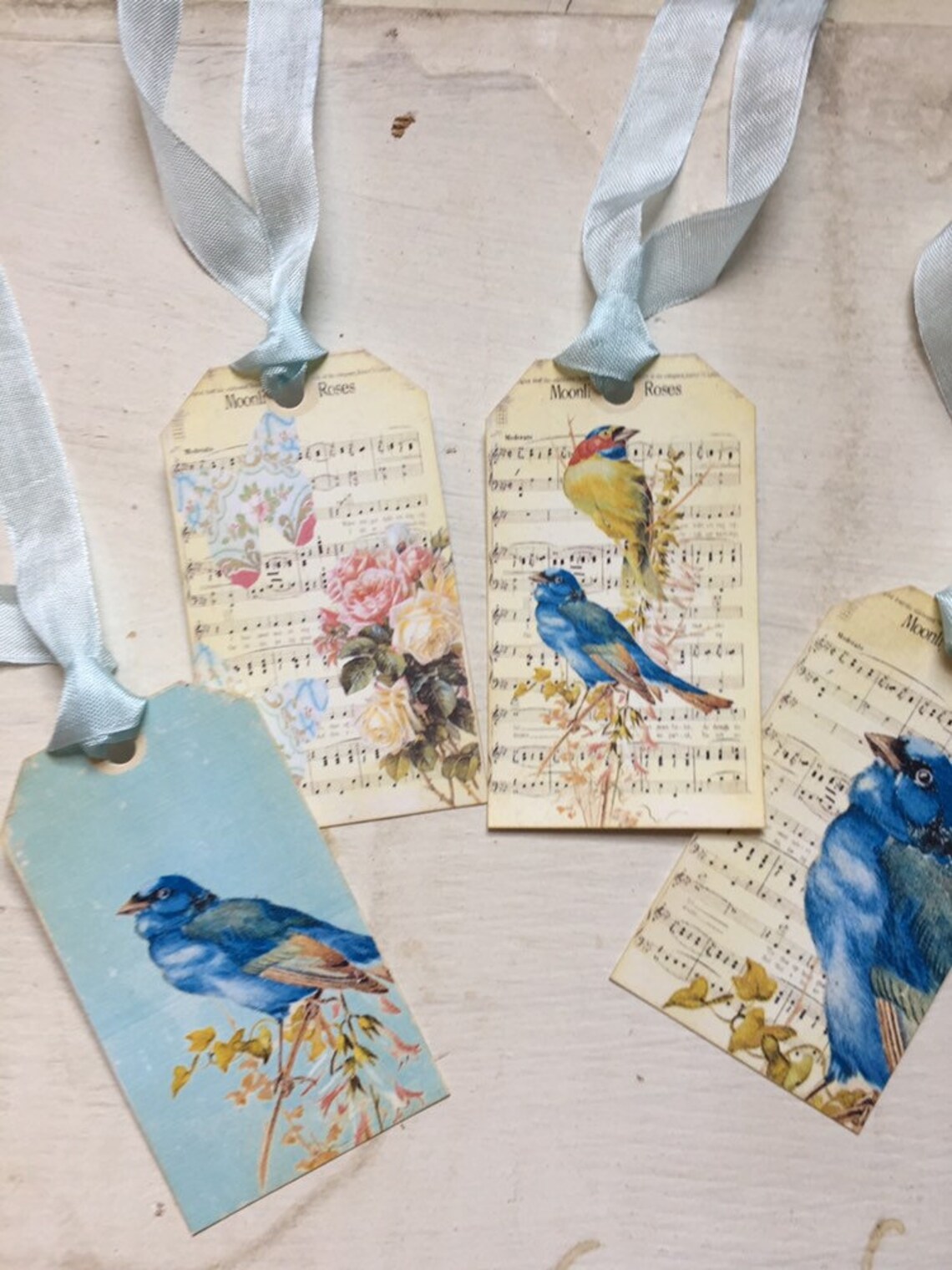 French Country Gift Tags: Floral Bluebird Music Sheet Tags, Set of 10 ...