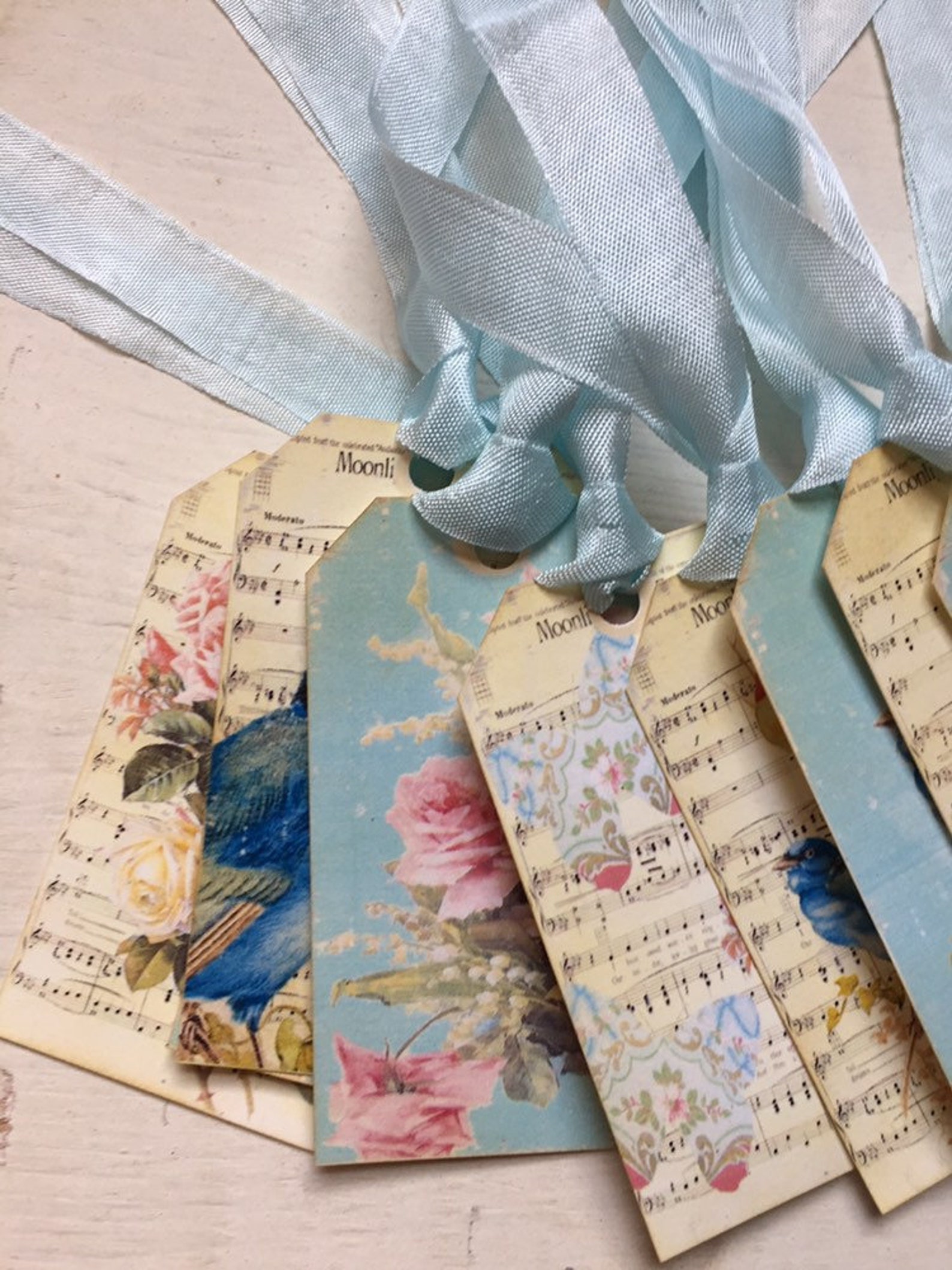 French Country Gift Tags: Floral Bluebird Music Sheet Tags, Set of 10 ...
