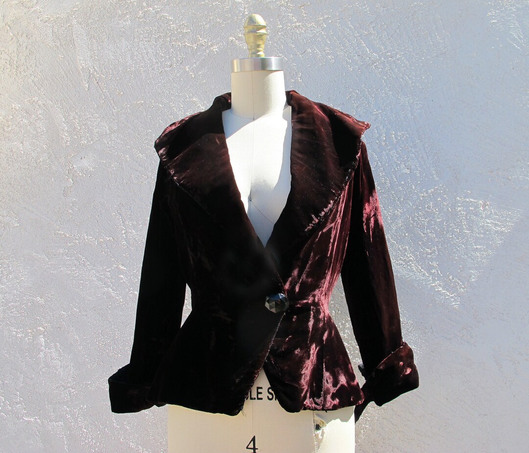 Vintage 30s Velvet Jacket, 1930 Brown Fitted Large Collar Coat, Jean ...