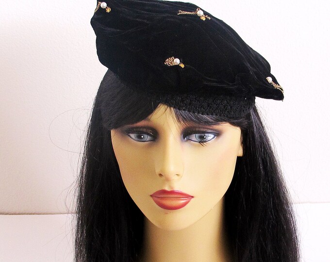 50s Velvet Tam, Black Velvet Beret, Small Vintage Hat - Etsy