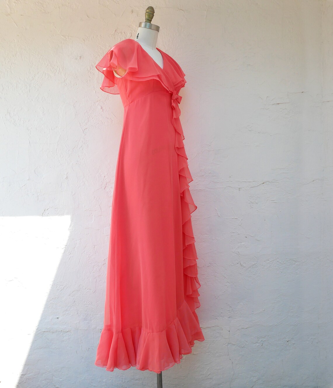 70s Evening Dress, 1970s Prom Dress, Peach Silk Chiffon Dress - Etsy