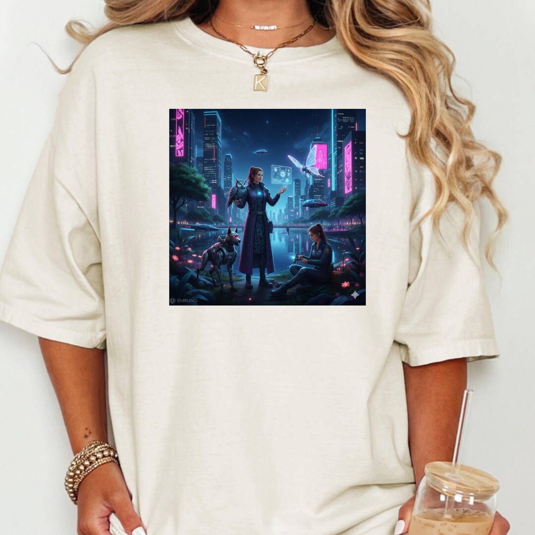 Cyber Fantasy Mage Tee | Neon Sci-fi Wizard Art | Futuristic Magical ...