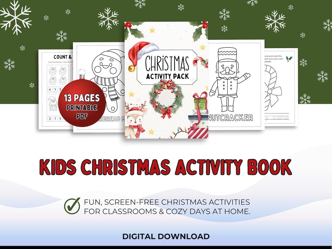 Kids Christmas Activity Book, 13 Printable Holiday Pages, Kids Coloring ...