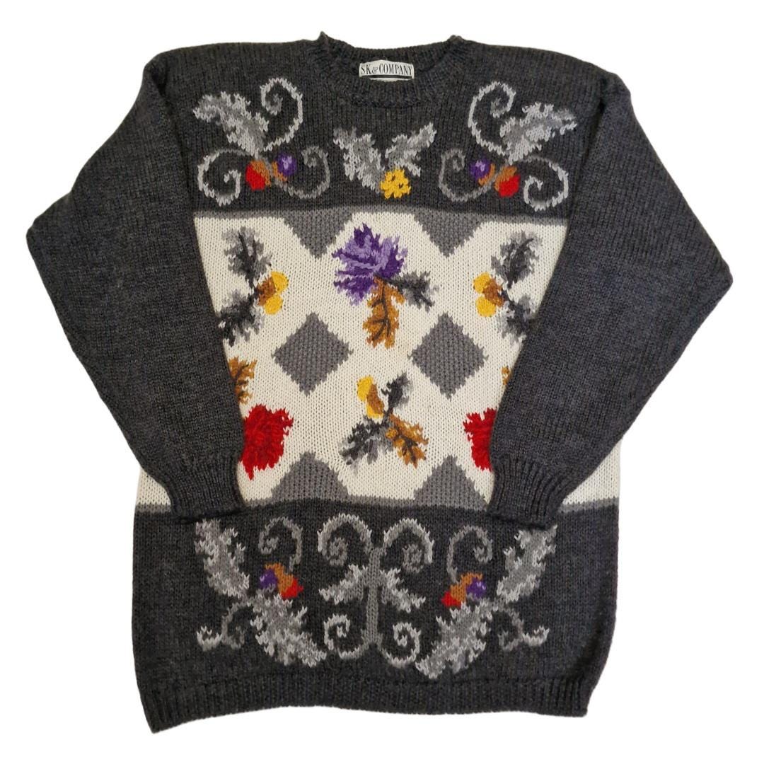 Vintage SK Floral Knit Sweater: Wool Blend Pullover L - Etsy