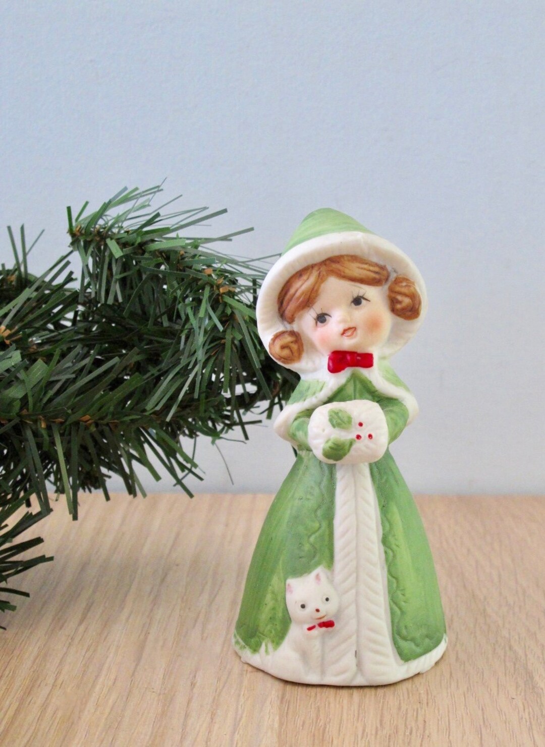 Vintage Christmas Bell Merri Girl With Green Hooded Coat and Pretty ...